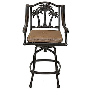 Palm Tree Outdoor Patio Set 6pc Swivel Barstools 30" H Dark Bronze Cast Aluminum, Walnut Cushions