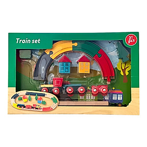 21 Pc Starter Wooden Train Set - Train Tracks & Accessories, Magnetic Trains Cars for Toddlers & Older Kids - Compatible with Major Brand Train Sets