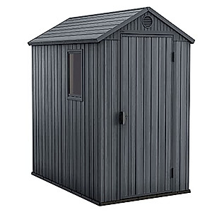 Keter Darwin 4 x 6 Foot Spacious Heavy Duty Storage Shed for Organizing Garden Accessories and Outdoor Tools with Lockable Door and High Ceiling, Gray