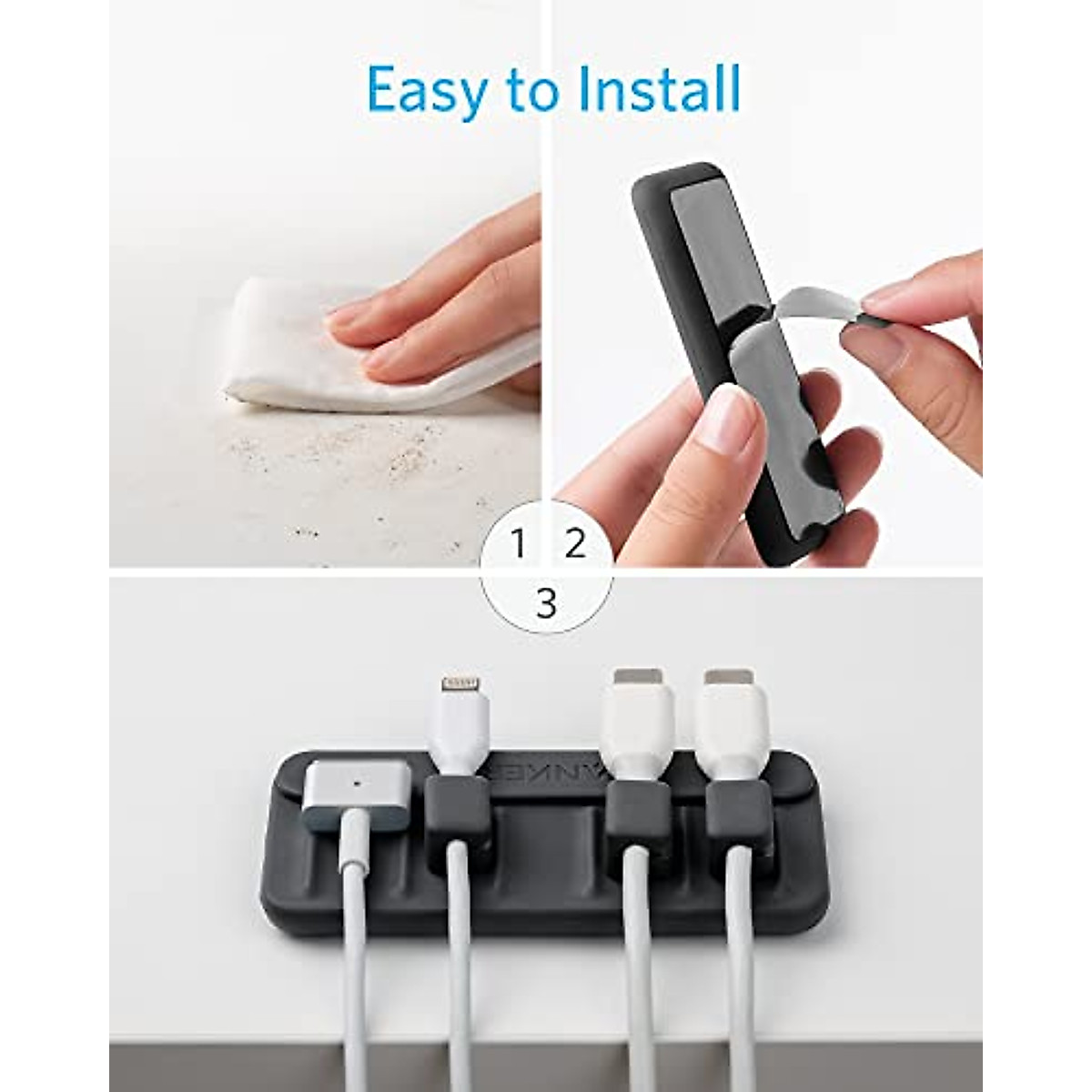 Anker Cable Management, Magnetic Cable Holder, Desktop Multipurpose Cord Keeper, 5 Clips for Lightning Cables, USB C Cables, Micro Cables, Other Wires, Sticks to Wood, Marble, Metal, Glass (Black)