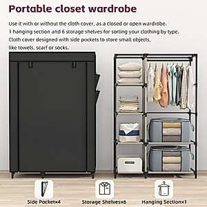 Calmootey Portable Closet, Wardrobe with 6 Shelves and Hanging Rod, Storage Organizer for Bedroom, Non-Woven Fabric Cover with 4 Side Pockets, Includes 2 Storage Bags for Clothes, Black