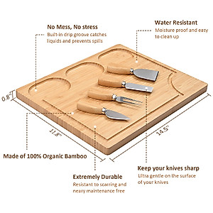 ROYAMY Bamboo Cheese Board Set Charcuterie Platter Bamboo Cutting Board with 4 Stainless Steel Knife Perfect Choice for Birthday Wedding Anniversary- Double Side