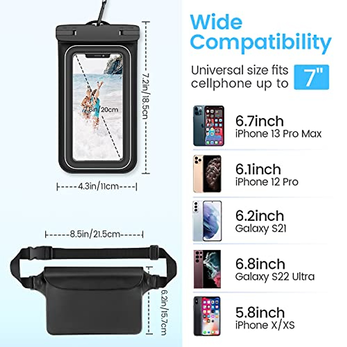VEGO [2 Pack] Waterproof Pouch with Adjustable Waist Strap, Universal Floating Waterproof Phone Pouch for iPhone 13 12 11 Pro XR Xs 8 7 Galaxy S22 S21 S10 Note 10 up to 7" - Black+Black