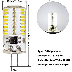 ZHENMING 110V- 130V G4 LED Bulb Dimmable Cool White 6000K (Not Low Voltage 12V) 3W 20W 30W Halogen Equivalent Bi-Pin Base Lamp (Pack of 10)