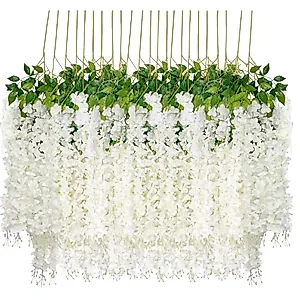 Lmeison 24 Pack Wisteria Hanging Flowers, Wisteria Garland Artificial Fake Wisteria Vine Rattan Hanging Garland Silk Flowers for Home, Party, Wedding Decor, White