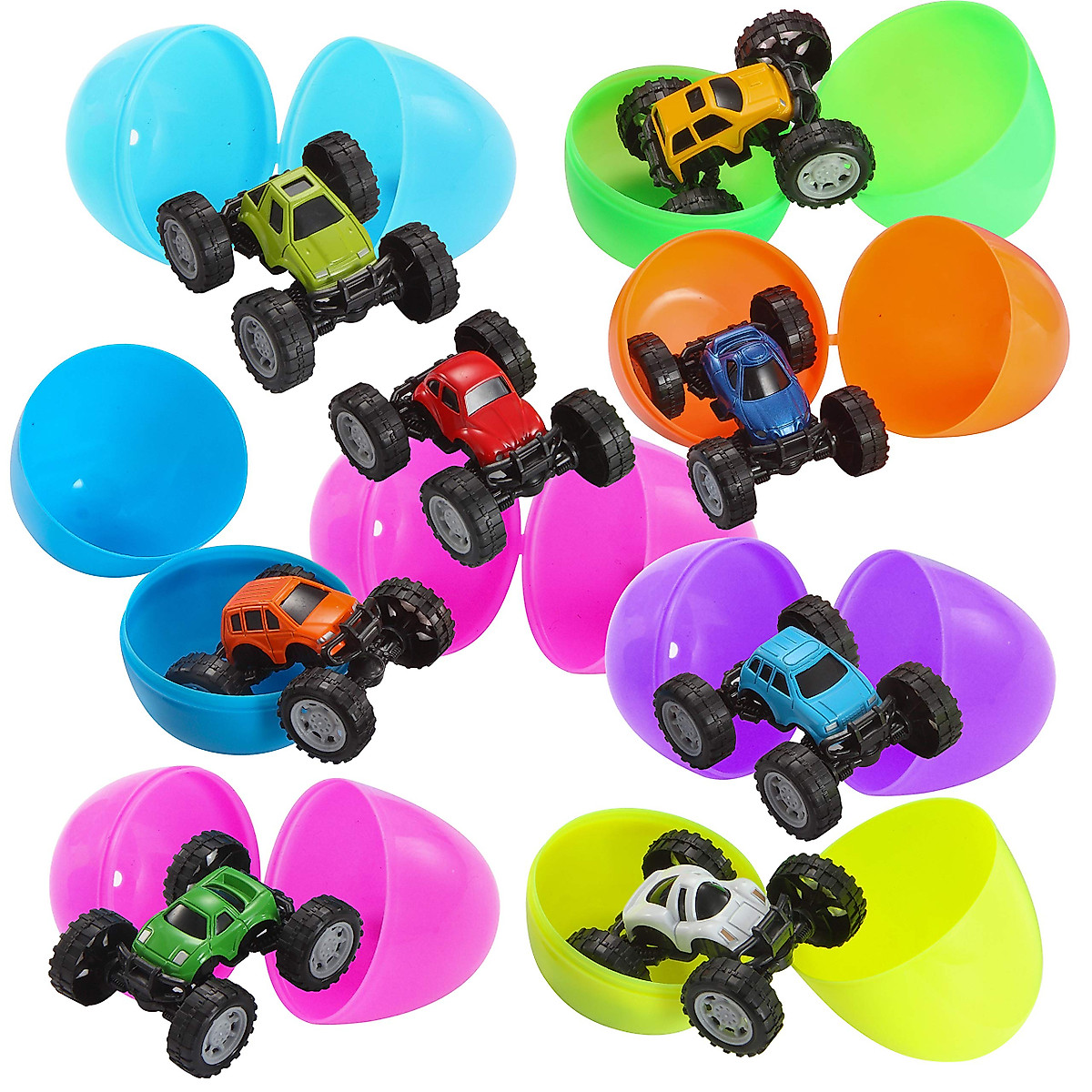 JOYIN 8 Pcs Prefilled Easter Eggs with Monster Truck Car Toys for Kids Boys Easter Eggs Hunt, Easter Basket Stuffers/Fillers, Filling Treats, Party Favor, Classroom Prize Supplies