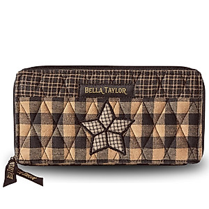 Bella Taylor Slim Card Wallet for Women | Multi Card Zip Around Wallet with RFID Protection | Quilted Cotton Farmhouse Star Black and Tan Cotton Check