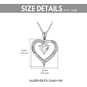 14K Solid Gold Heart Necklace for Her, White Gold "Love You Forever" Crystal Heart Pendant Jewelry Love Gift for Mom/Wife/Girlfriend 16"-18"