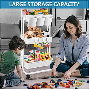 3 Tier Utility Rolling Cart - Storage Cart Organizer Cart Kitchen Cart Makeup Cart 3 Shelf Baby Tray Cart with Hanging Cups Trolley Handles and Wheels Use for Bathroom Kids Room Bedroom Office (White)