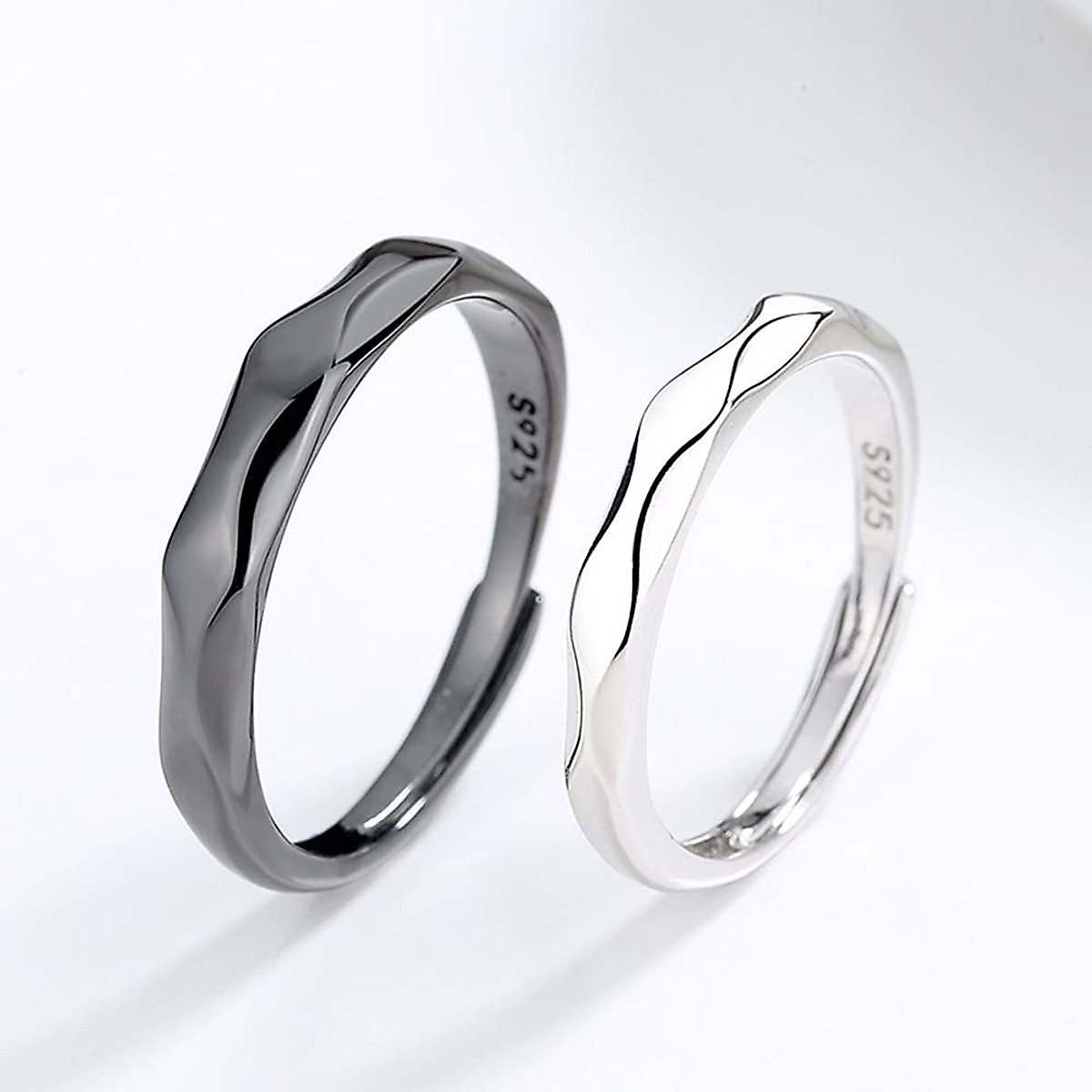 Minimalist Black and White Matching Rings for Couples Sterling Silver 925 Simple Engagement Wedding Ring Personalized Statement Promise Band Fashion Jewelry Gifts with Box Comfort Fit Adjustable