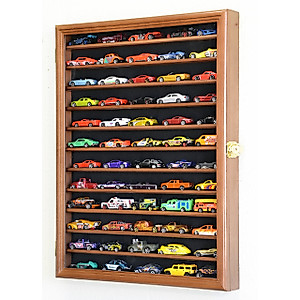 Hot Wheels Matchbox 1/64 Scale Diecast Model Display Case Cabinet Wall Rack w/98% UV Protection -Walnut