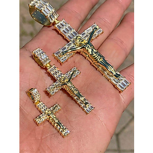 HarlemBling Real 925 Sterling Silver - 14k Gold Finish - Iced Baguette Cross W. Jesus Pendant - 3 Sizes Great For Any Necklace 1-2.5" (Medium 1.5")