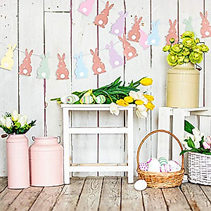 Whaline Easter Banner Decoration Happy Easter Banner Garland, Glitter Easter Bunny Bunting Flag Farmhouse Banner Spring Themed Party Favors Supplies, Happy Easter Day Home Decor for Mantle Fireplace