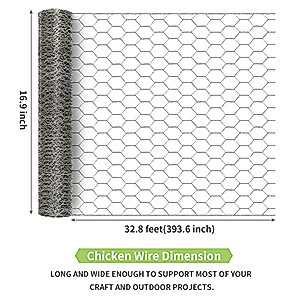 MIVERYEA Chicken Wire 16.9 in x 32.8 Feet, Metal Chicken Wire Fencing Mesh for Crafts, 0.6 Inch Hexagonal Galvanized Netting for Poultry Rabbit Coop