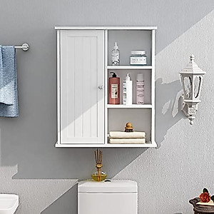 Treocho Bathroom Wall Cabinet, Medicine Cabinet with Door and Open Shelf, Wall Mounted Storage Organizer for Bathroom, White