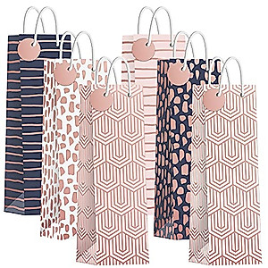 Rose Gold Wine Gift Bags - Set of 6 - Assorted Rose Gold, Pink, & Navy Wine Gift Bags With Handles + Name Tags. - Modern Geometric Metallic Gift Bags - Perfect for Birthdays, Anniversaries, Bridal Showers, Mother's Day, Thank You Gifts, Housewarming Dinne