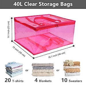 WADILE Pink Clear Clothes Storage Bag with Zipper, 3 Pack 40L Vinyl Storage Bag for Comforter, Blanket, Bedding, Duvet, Transparent Moving Totes
