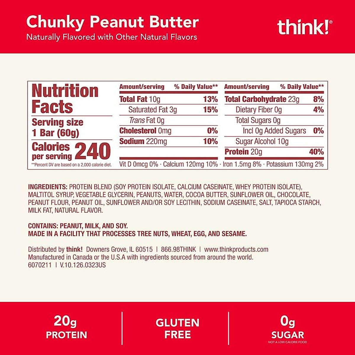 think! Protein Bars, High Protein Snacks, Gluten Free, Kosher Friendly, Chunky Peanut Butter, Nutrition Bars, 2.1 Oz per Bar, 10 Count (Packaging May Vary)