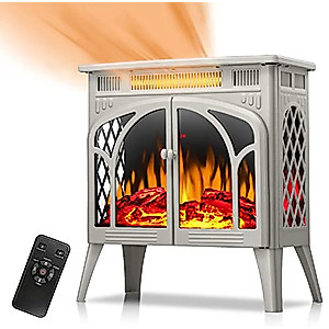 Electric Fireplace Stove Heater, Portable Freestanding Electric Fireplace, Fireplace Heater with 3D Logs and Realistic Flame for Indoor/Outdoor Use,Adjustable Brightness and Color (Beige)