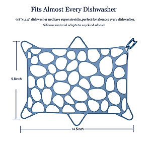 REVEX Dishwasher Net, 9.8"x14.5" Silicone Dishwasher Net For Small Items, 6 Adjustable Hooks to Cover Plastic Bowls,Baby Bottle and Cups to Avoid Tipping Over, Suitable for All Dishwashers (Blue)