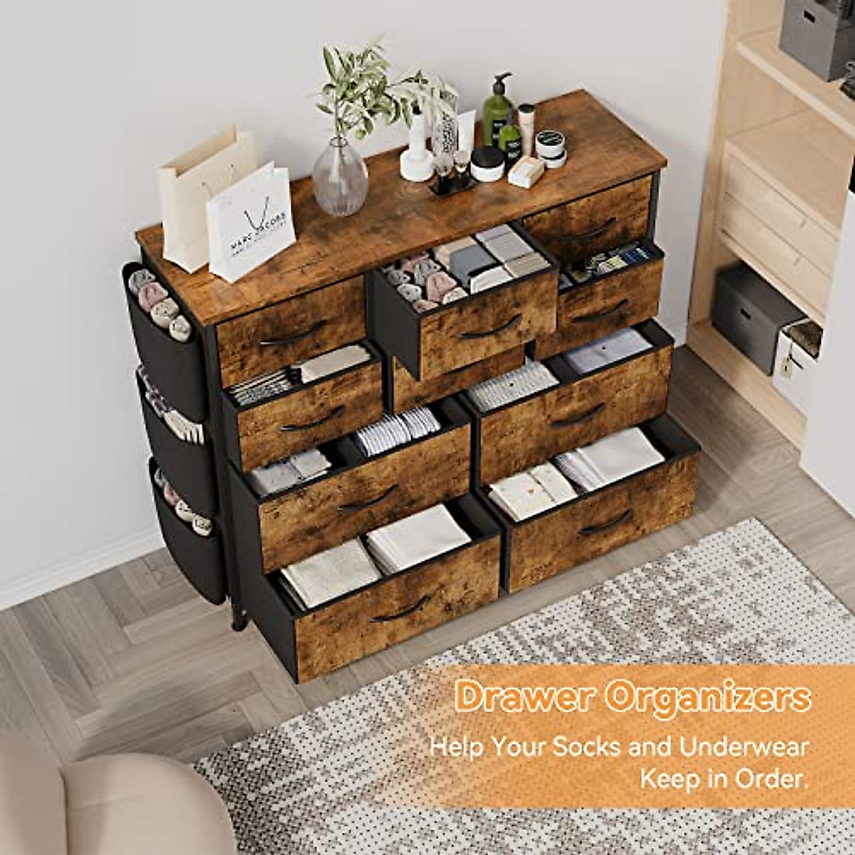 Jojoka Dresser for Bedroom with 10 Drawers, Dressers & Chest of Drawers, Long Fabric Storage Drawer with Wood Tabletop for Kids Room, Closet, Hallway, Entryway (Rustic Brown)