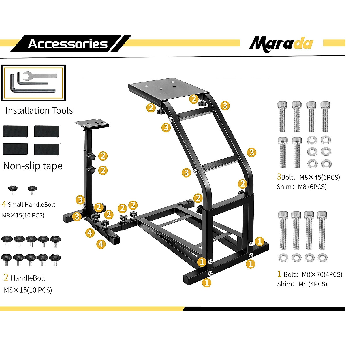 Marada Compact Racing Steering Wheel Stand with V2 Simulator Support Fits for Logitech/Thrustmaster/PXN G27 G29 G920 G923 T248 T300RS GT R5 Sim Stand Without Wheel, Pedal (Only Stand)