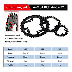 BUCKLOS MTB Crankset Square Taper with 22/24/26/32/38/42/44T Chainring Set, 170mm 104/64 BCD Hybrid Mountain Bike Crankset 8/9/10 Speed Compatible with Shimano Sram FSA.
