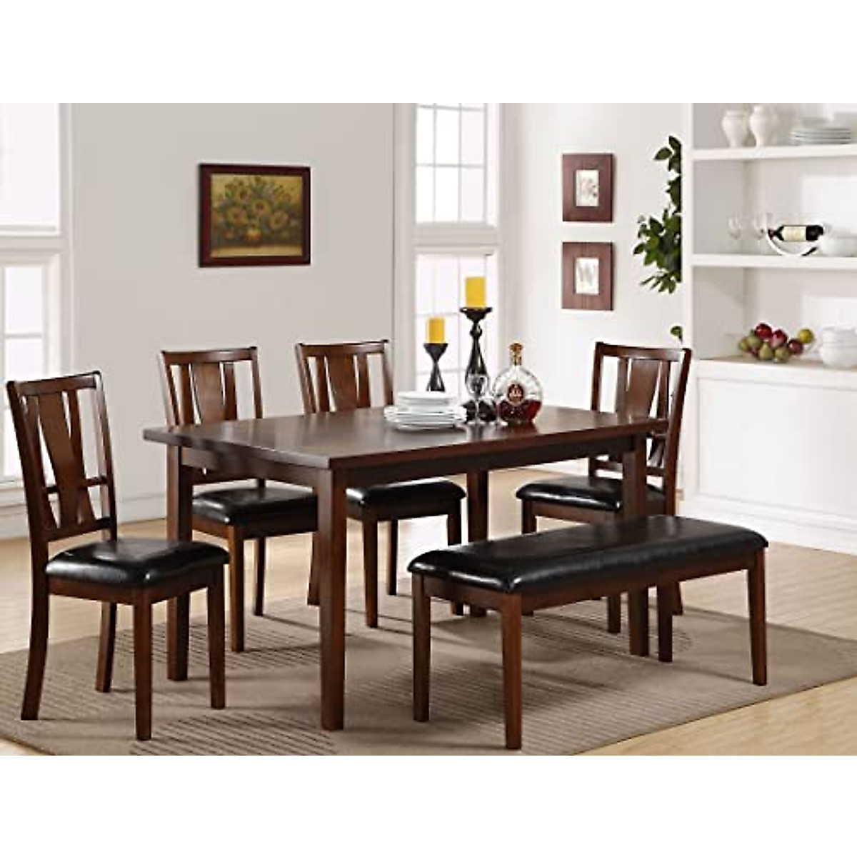 Liveasy Furniture Dining Room Table Set for 6, Kitchen Table with Bench and Chairs Set (Set of 6) Dinette Table with Chairs and Bench (Dixon)