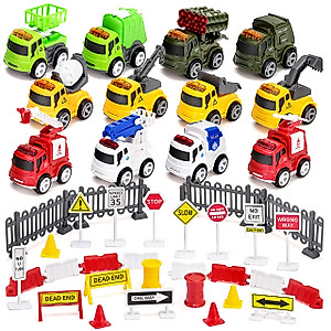 JOYIN 12Pcs Toddler Toy Cars Diecast Friction Powered Vehicles with 12 Traffic Road Signs 4 Construction Truck 2 Fire Truck 2 Police Car 2 Garbage Truck 2 Military Car Kids Birthday Easter Xmas Gifts