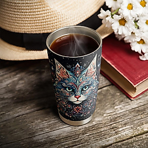 20oz Cute Beautiful Flower Cat Tumbler, Gifts for Cat Lovers, Coffee Thermos for Women, Stainless Steel Double Wall Vacuum Insulated Coffee Mug, Travel Cup with Lid