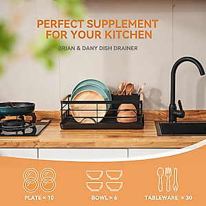 BRIAN & DANY Dish Drying Rack, Dish Racks for Kitchen Counter, Stainless Steel Dish Drainer with Removable Cutlery Holder & Drainboard, Black