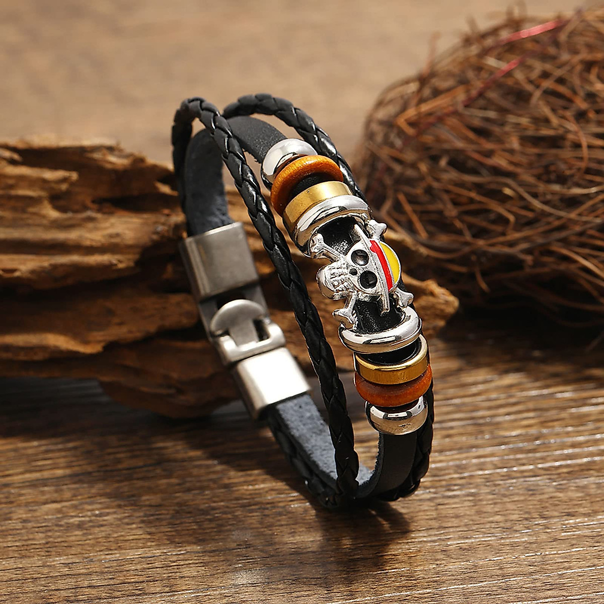 Anime One Piece Leather Bracelets, Pirate Bracelet Punk Skull Bracelets for Boys Black Braided Bracelets for Men Handmade Jewelry Wristband Strand Bracelets Halloween Gifts
