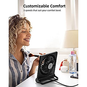 Koonie USB Fan, Strong Wind Ultra Quiet Small Desk Fan 220° Tilt Folding 3 Speeds Adjustable USB-C Powered Personal Fan for Home Office Desktop Black