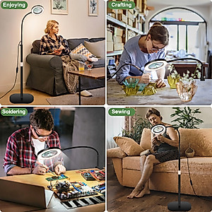 GEYOTAR 10X&5X Magnifying Glass with Light, 3-in-1 Magnifying Floor Lamp, Flexible Goose Neck, 3 Color Modes 10 Levels Dimmable LED Lighted Magnifier Lamp for Home Office Close Wrok Reading Hands Free