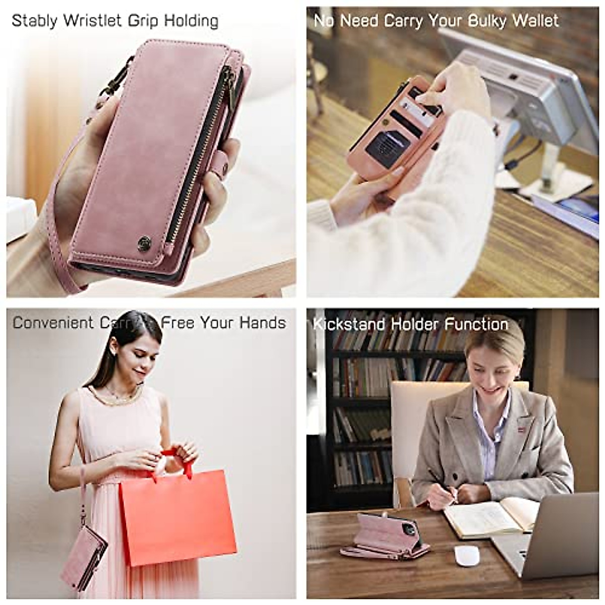 Defencase iPhone 11 Pro Max Wallet Case, PU Leather Magnetic Flip, Wristlet Strap, Zipper Card Holder, 6.5", Rose Pink