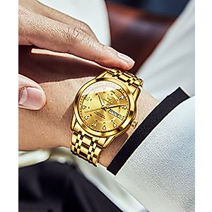 OLEVS Gold Watches for Men Luxury Stainless Steel Man Watch Roman Numerals Gold Men's Wrist Watch Waterproof Dress Analog Big Face Easy to Read Reloj De Hombre