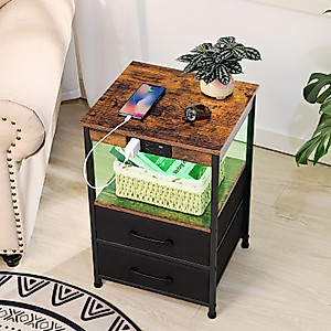 LOAKEKEL Night Stand Set 2, Nightstand with Charging Station, LED End Tables with USB C Port and Outlets, Bedside Table with 2 Fabric Drawers for Bedroom, Rustic Brown, HNS022BR