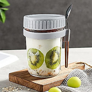 Overnight Oats Containers with lids and spoon-Set of 2 Jars 12 oz Large Capacity Airtight Container with Measurement Marks, Reusable On The Go Cups for Cereal Yogurt, Milk, Salads, Fruit(2 Pack White)