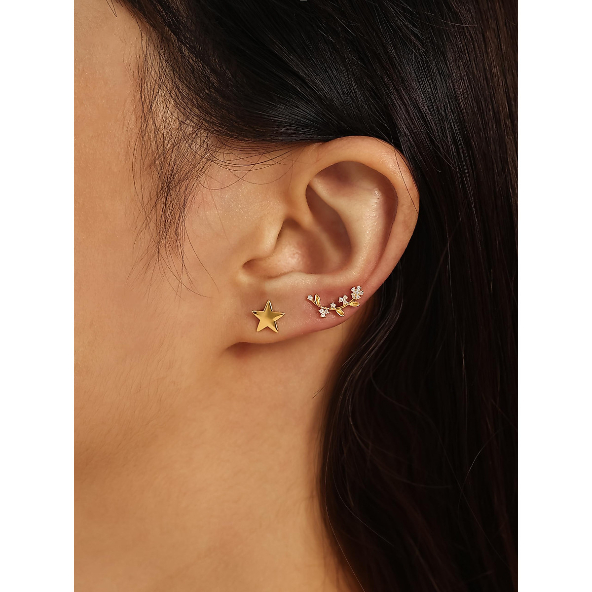 FANCIME Mothers Day Gifts 14K Solid Yellow Gold 0.08cttw Diamond Small Tiny Minimalist Flower Post Earrings Fine Jewelry for Women