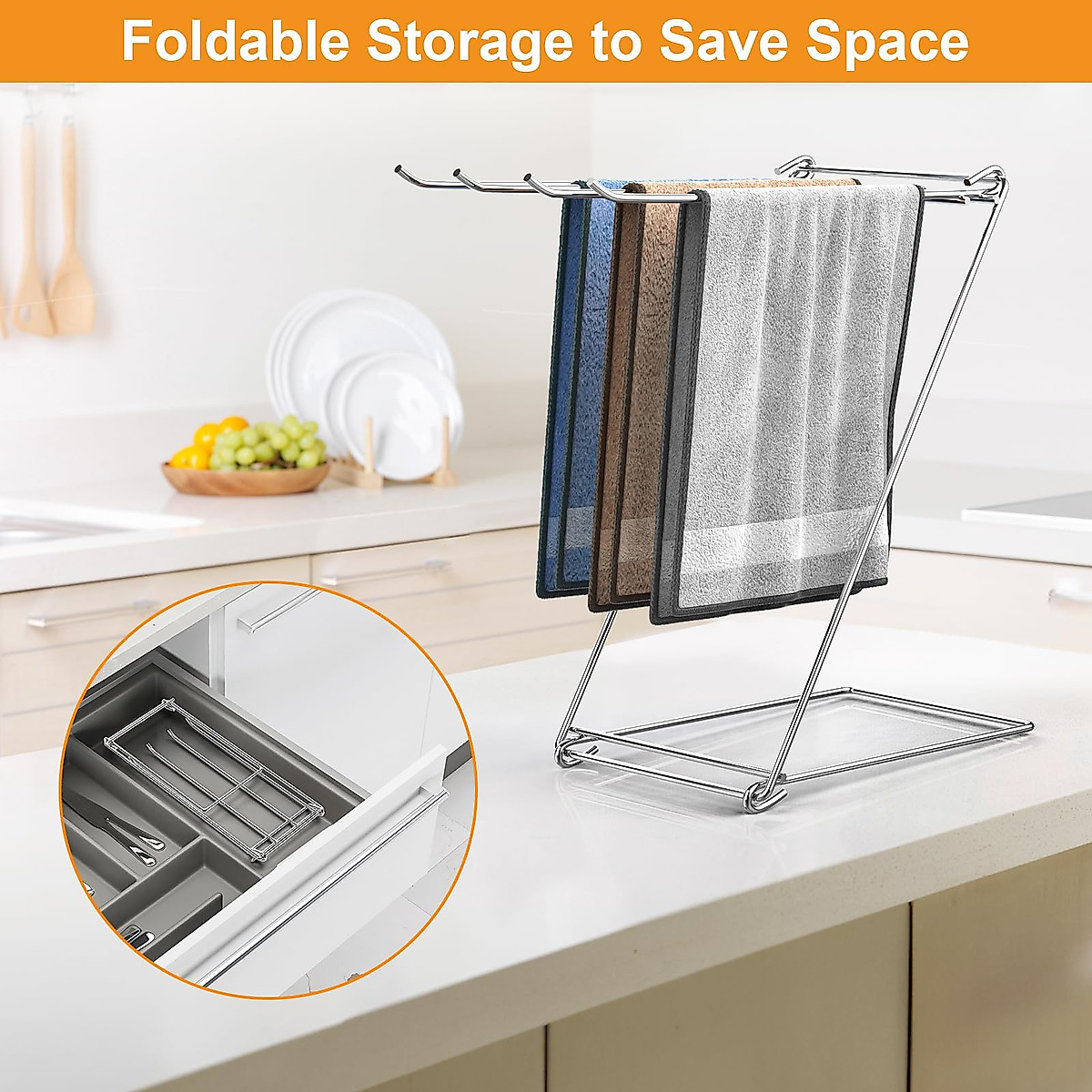 Kitchen Towel Holder Stand, 4-Arm Dish Towel Holder Countertop Hand Towel Holder for Bathroom, Free Standing Hand Towel Stand Washcloth Dish Cloth Drying Rack, Z-Shaped Folding Hanging Towel Bar Stand