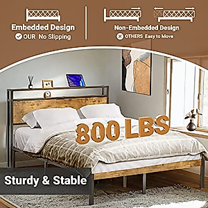 Zevemomo Queen Bed Frame, Queen Size Metal Platform Bed Frame with 2-Tier Storage Wood Headboard and Power Outlets, USB Ports Charging Station/No Box Spring Needed/Noise-Free/Easy Assembly/Brown