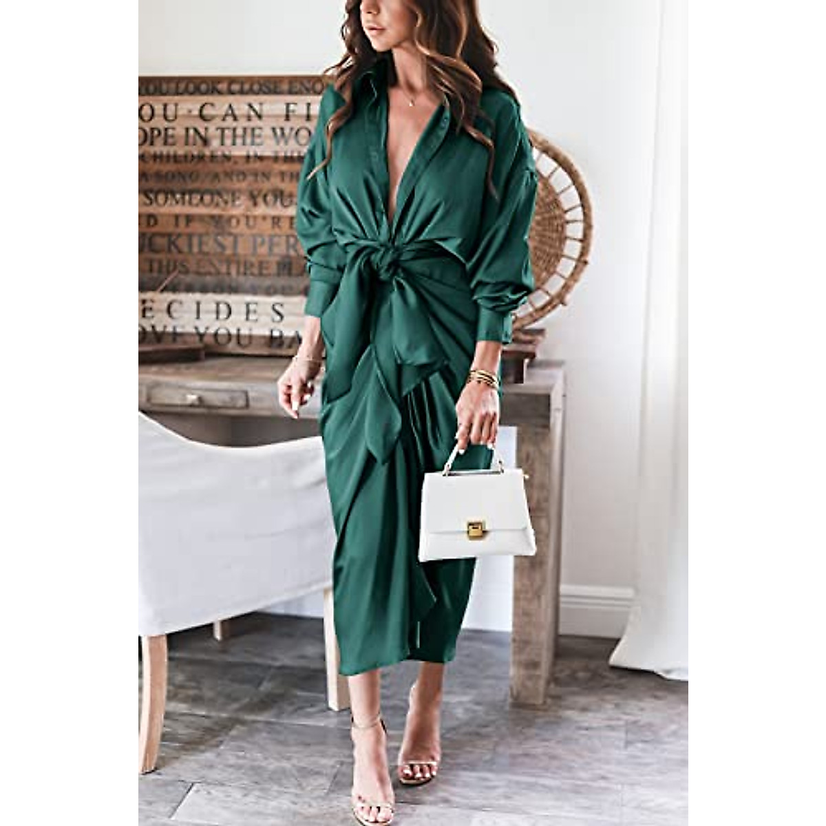 BTFBM Women 2023 Long Sleeve Lapel V Neck Button Down Satin Dress Belted Elegant Ruched Summer Fall Maxi Shirt Dresses(Solid Dark Green, Medium)