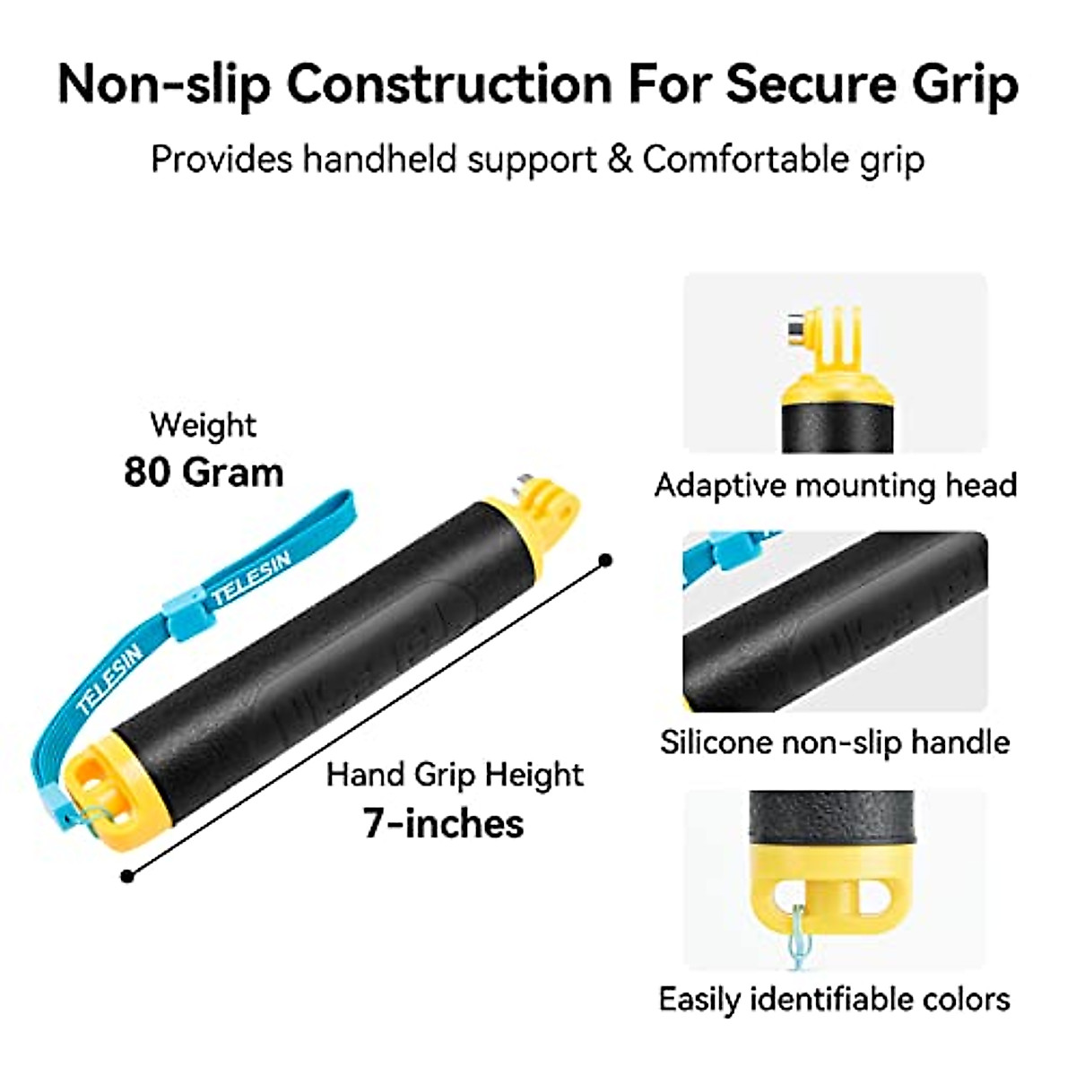 TELESIN Floating Hand Grip Waterproof Stick for GoPro Hero 11 10 9 8 7 6 5 4 3 2, Fusion, Max, Underwater Selfie Sick for Most Action Cameras