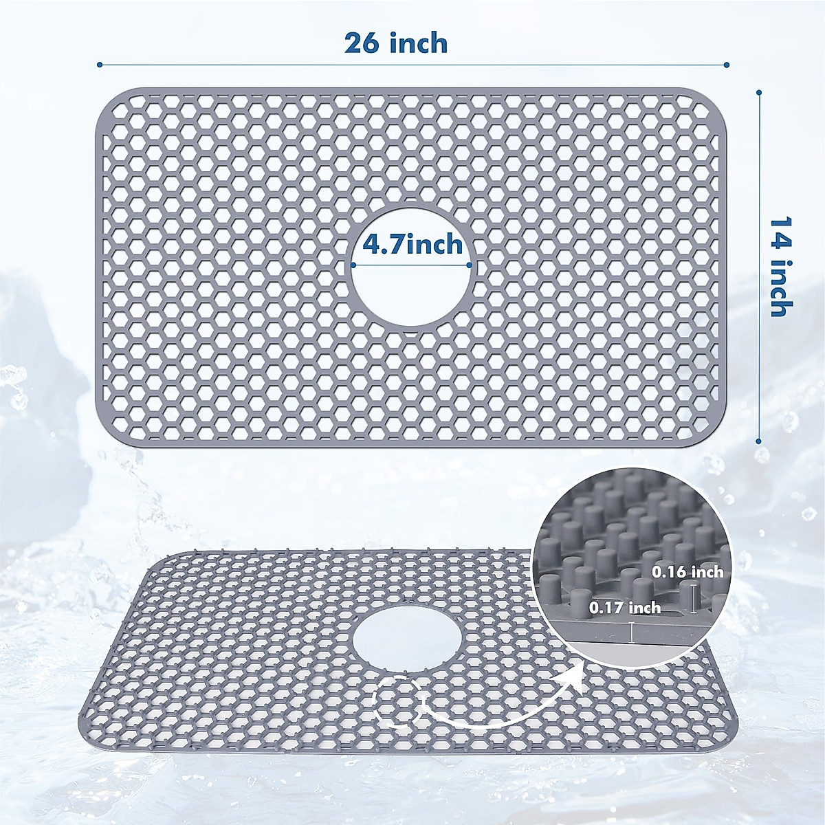 Bestjing Silicone Sink Mat - Protectors for Kitchen Sink with Center Drain, 26"x 14" Kitchen Sink Grid, Non-Slip Heat-Resistant Sink Mat for Bottom of Farmhouse Stainless Steel Sink (Center Hole)