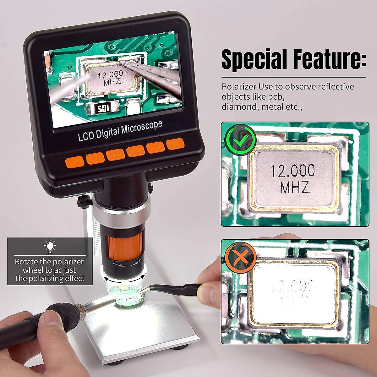 LCD Digital Microscope with Polarizer, HD Output 12MP Digital 1200x Magnification for SMD Soldering Work Jewelers Coins Collection