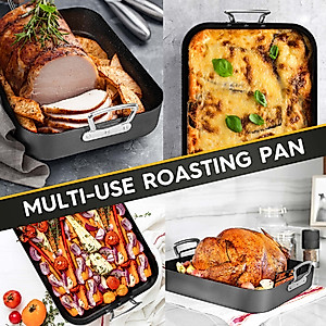 MICHELANGELO Roasting Pan with Rack, Hard Anodized Turkey Roaster Pan, Large Turkey Roasting Pan for Oven, Nonstick Rectangular Roaster Pan with Rack, 16 Inch x 12 Inch