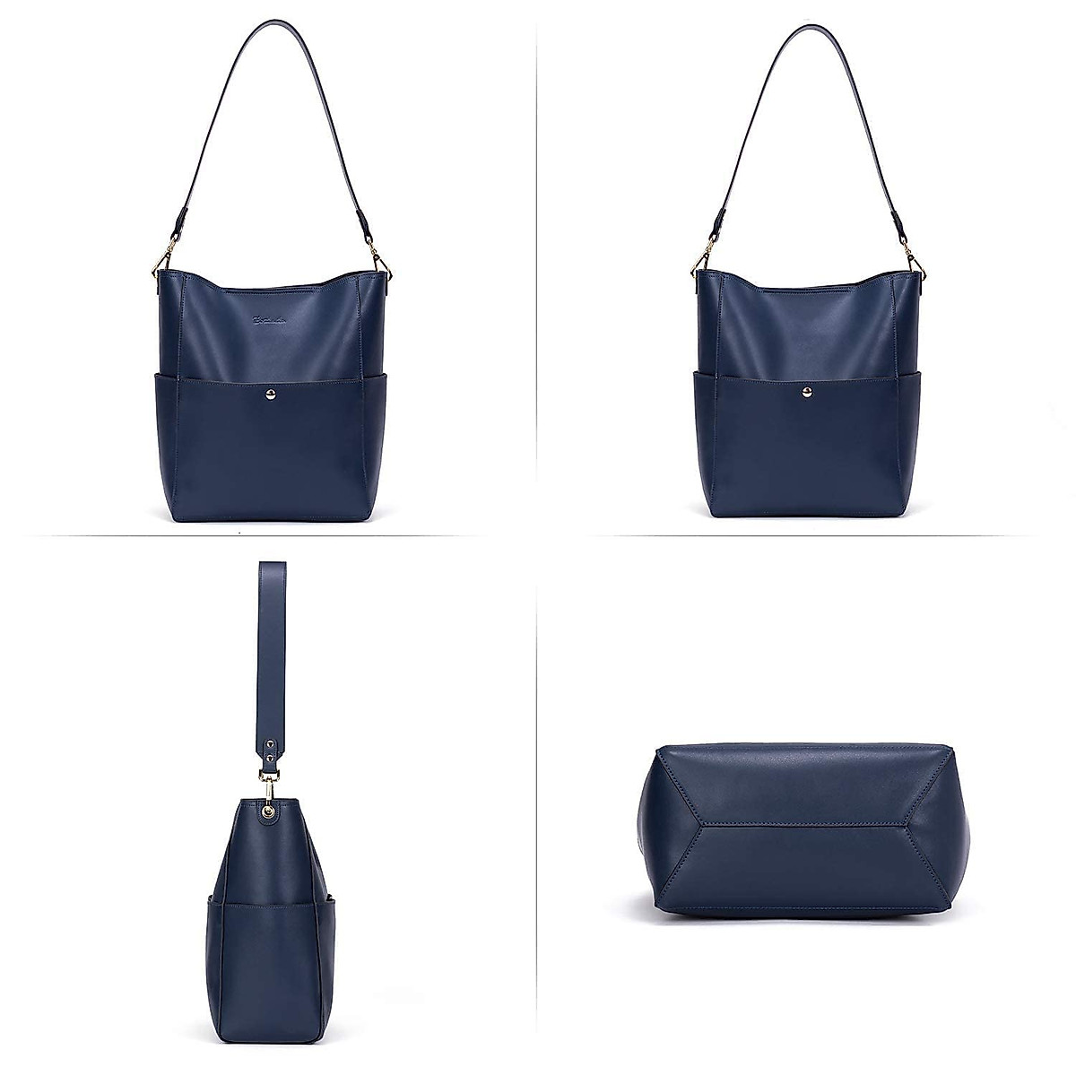 BOSTANTEN Women's Leather Designer Handbags Tote Purses Shoulder Bucket Bag Navy Blue Bundle with Leather Wallets for Women RFID Blocking Zipper Pocket Small Bifold Wallet Card Case