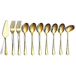 Gold 10-Piece Serving Flatware Silverware Set,Stainless Steel Serving Utensil Set,Include Slotted Serving Spoon, Serving Spoon, Cake Server, Serving Fork, Soup Ladle