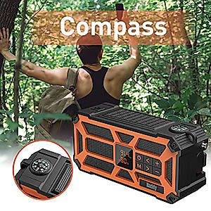 [5000mAh Waterproof] Raddy SW5 Emergency Radio, IPX5 Rechargeable Battery Hand Crank Solar Power Bank, with NOAA Weather Alert AM FM, Flashlight Compass for Power Outage Hurricane Outdoor