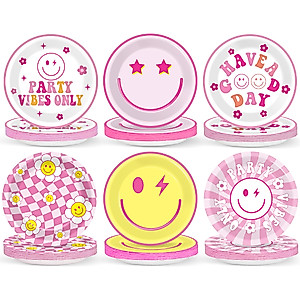 48PCS Preppy Party Supplies 7inch Pink Smile Face Paper Plates Preppy Smile Face Party Tableware Set Pink Preppy Plates for Baby Shower Birthday Y2k Party Decorations